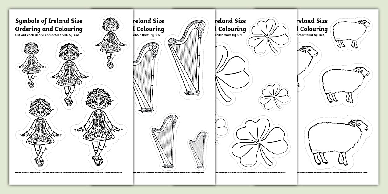 Symbols of Ireland Size Ordering Objects Colouring Worksheets