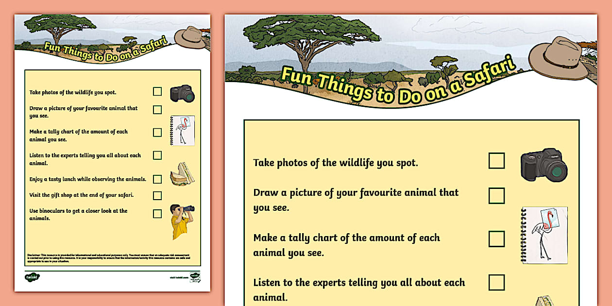 Fun Things to Do on a Safari Checklist Activity - Twinkl