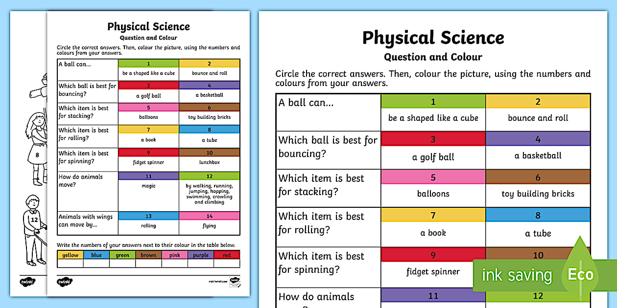Foundation Year Physical Science Questions and Colouring Worksheet