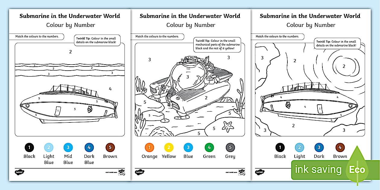 Submarine in the Underwater World Colour-by-Number Pages