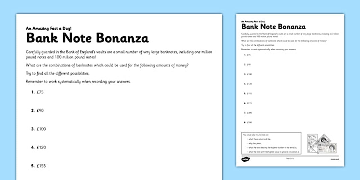 Banknote Bonanza Worksheet / Worksheet (teacher made)