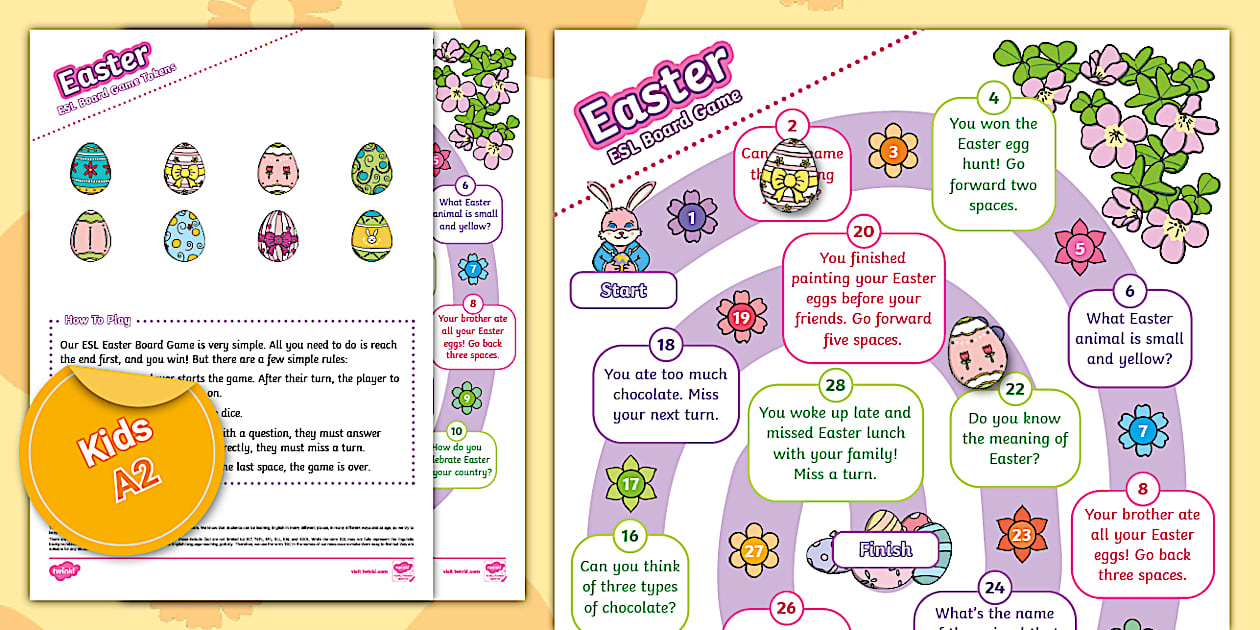 ESL Easter Board Game [Kids, A2] (teacher made) - Twinkl