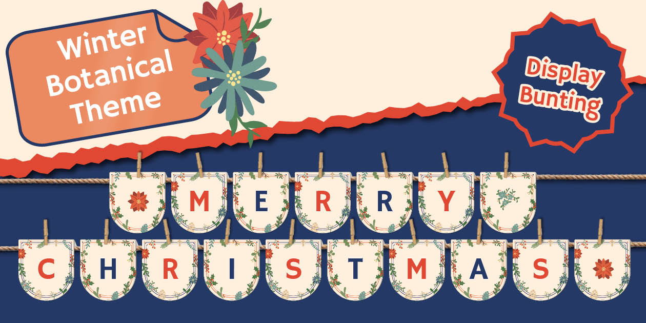 Winter Botanical-Themed Merry Christmas Display Bunting
