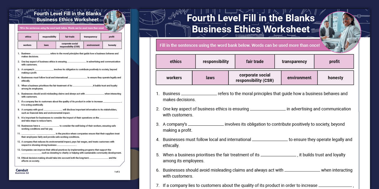 Fourth Level Fill in the Blanks Business Ethics - Twinkl
