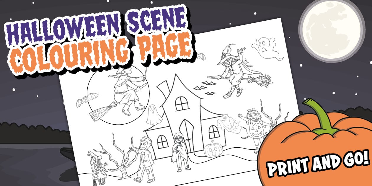 Halloween Scene Colouring Page - Twinkl