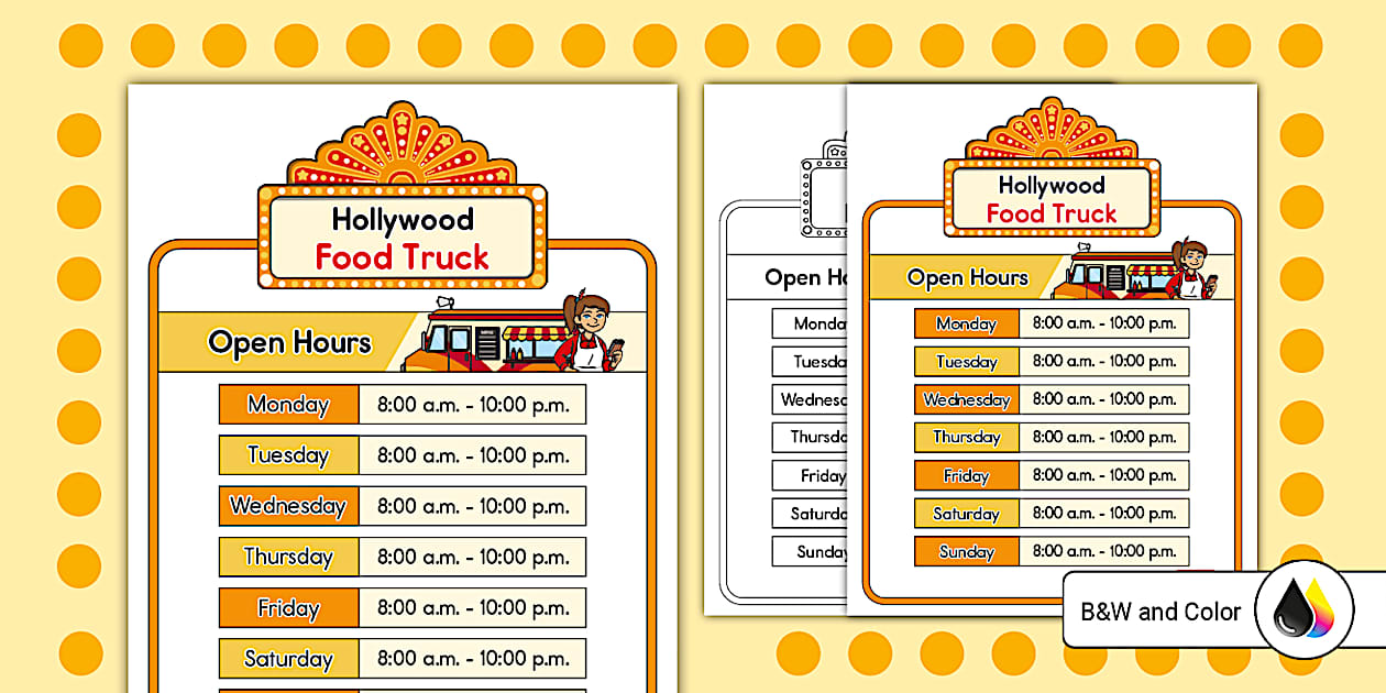 Hollywood Food Truck Dramatic Play Hours Sign - Twinkl