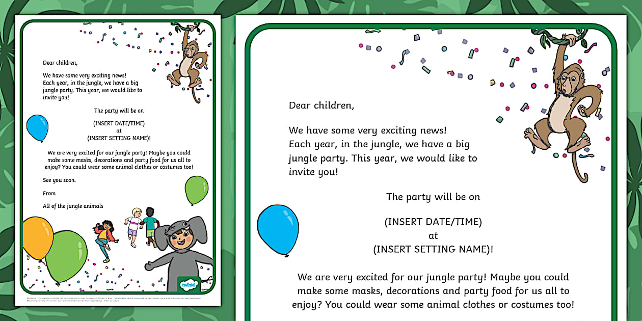 Black and White Editable Jungle Party Letter (teacher made)