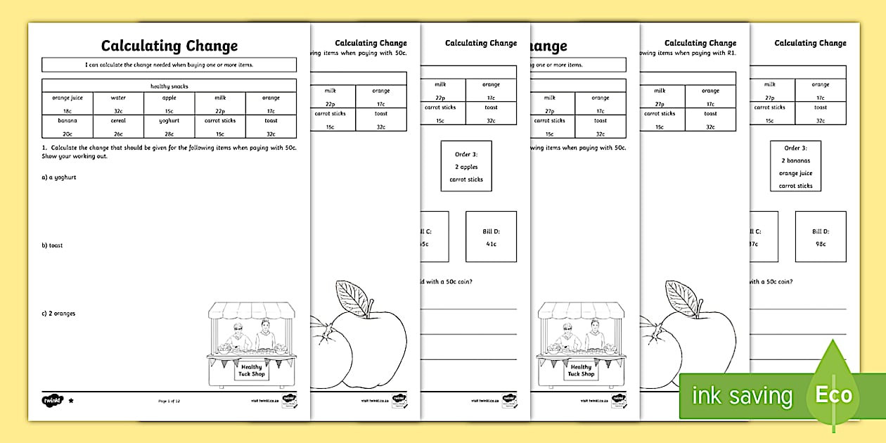 Calculating Change Differentiated Worksheets (teacher made)