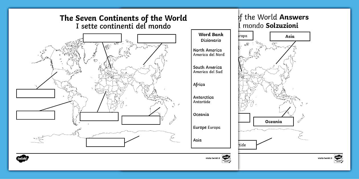 The Seven Continents Labeling Worksheet / Worksheet English/Italian