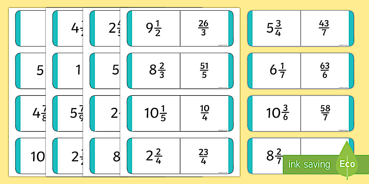 Black and White UKS2 Mixed Number and Improper Fractions Dominoes
