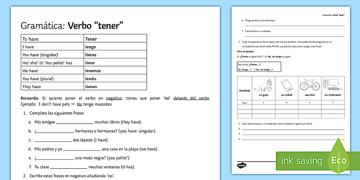 Editable Verb Tener Spanish Worksheet - Twinkl