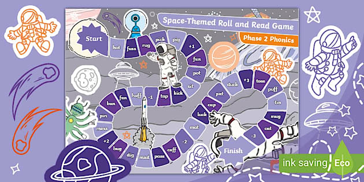 Space-Themed Roll and Read: Phase 2 Phonics Game - Twinkl