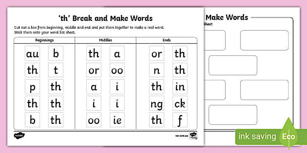 Editable 'th' Break and Make Words Worksheet - Twinkl