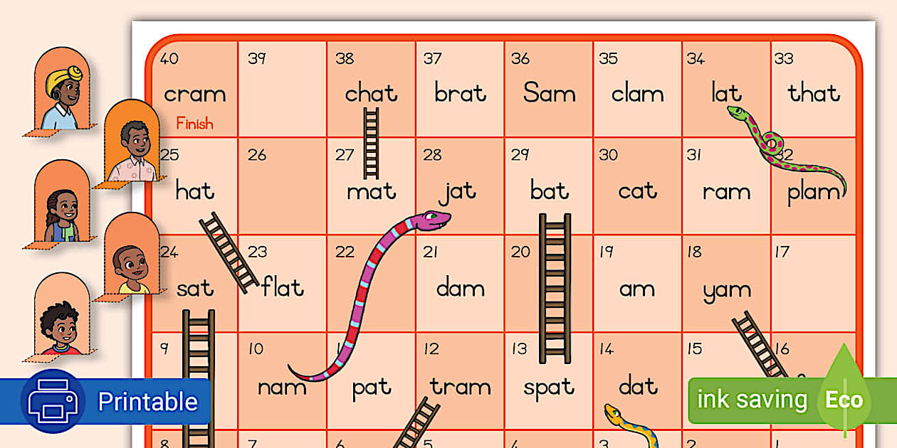 Grade 1 Phonics: -at and -am Snakes and Ladders - Twinkl