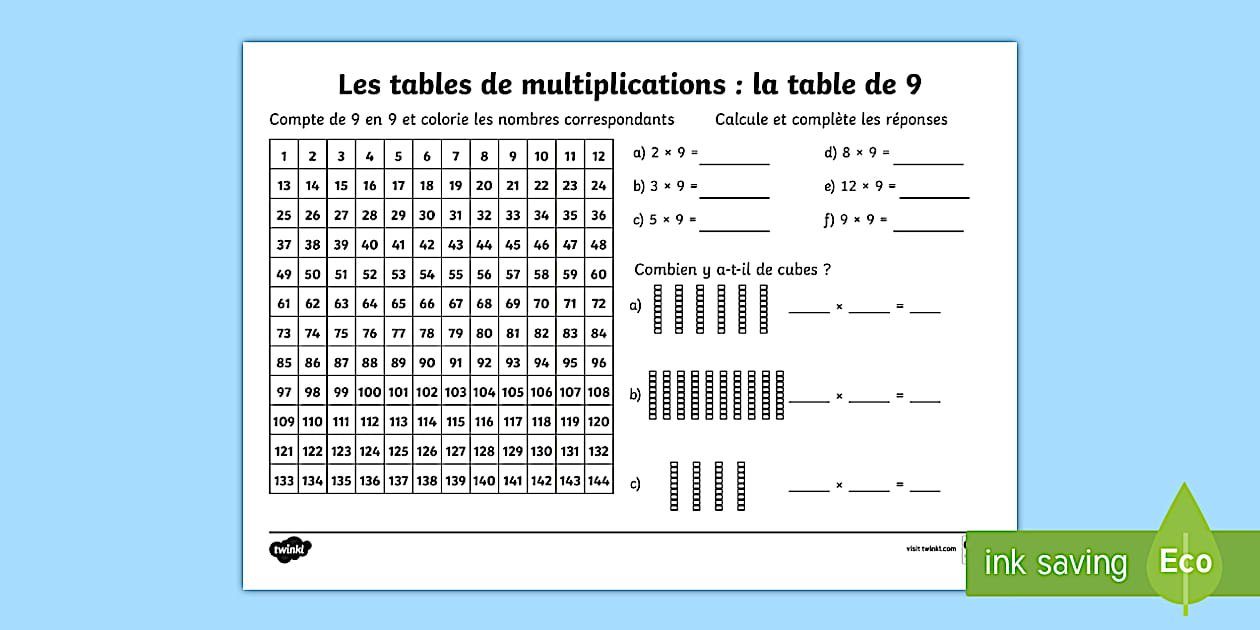 Fiche de calcul : la table de 9 les multiplications