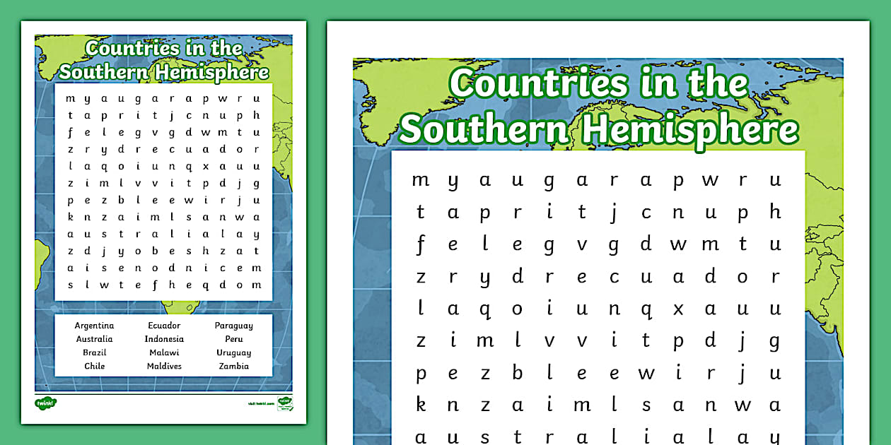 Countries in the Southern Hemisphere Word Search - Twinkl