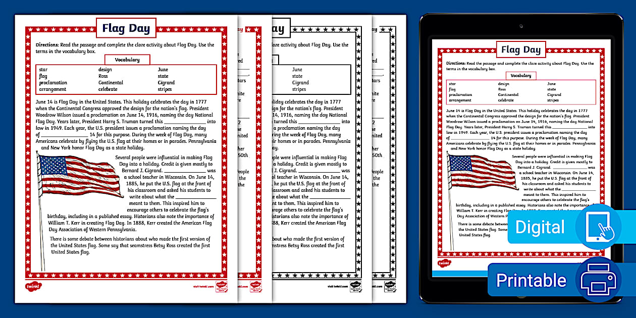 Sixth Grade Informational Reading: Flag Day Cloze Activity