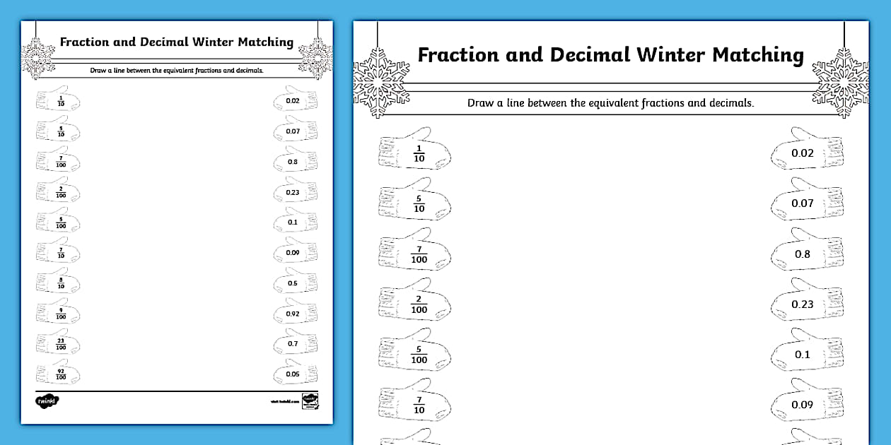 Fourth Grade Fraction and Decimal Winter Matching Worksheet