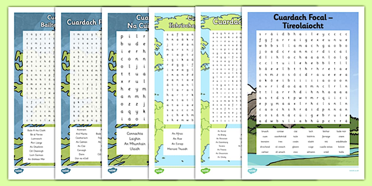 Black and White Irish Gaeilge Tíreolaíocht Word Search Pack