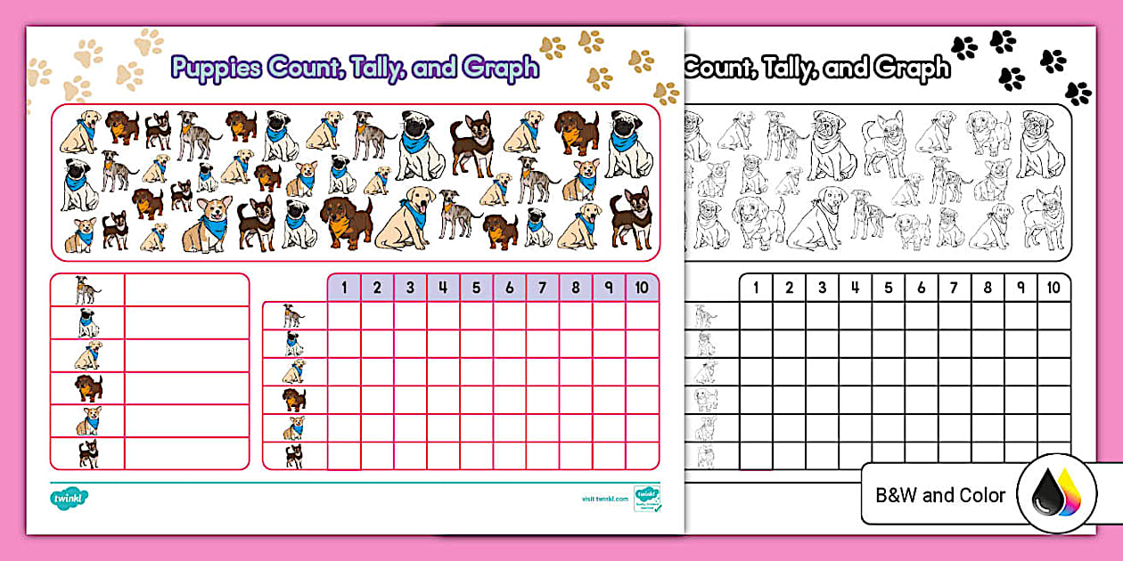 First Grade Puppies Count, Tally, and Graph Worksheet