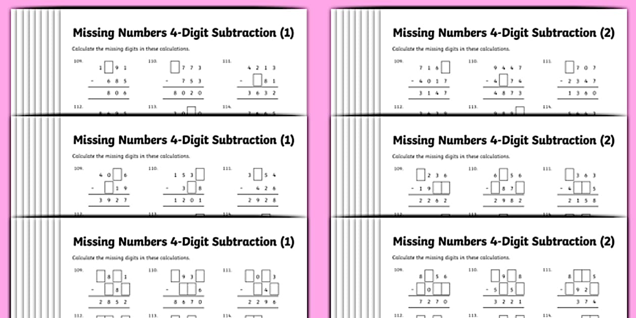 Subtraction 4-Digit Missing Numbers Differentiated Worksheet ...