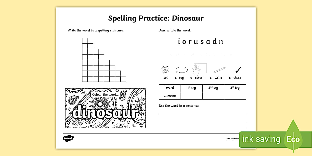 Dinosaur Spelling Practice Worksheet (Teacher-Made) - Twinkl