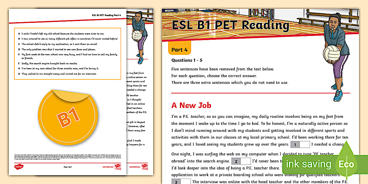 ESL B1 PET Reading Part 4 Activity Sheet (New Job) - Twinkl
