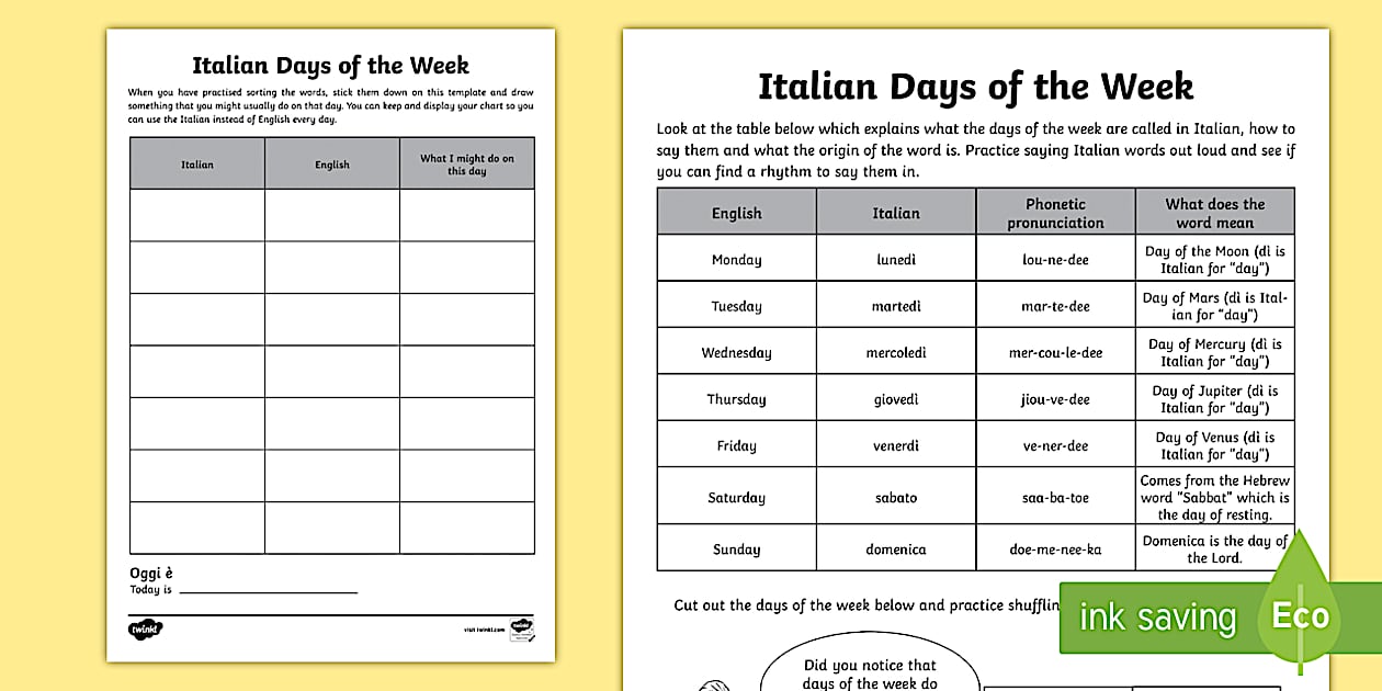 Italian Days of the Week Worksheet | Language Resource