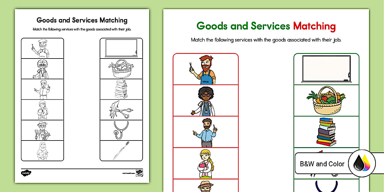 First Grade Goods and Services Matching Worksheet - Twinkl