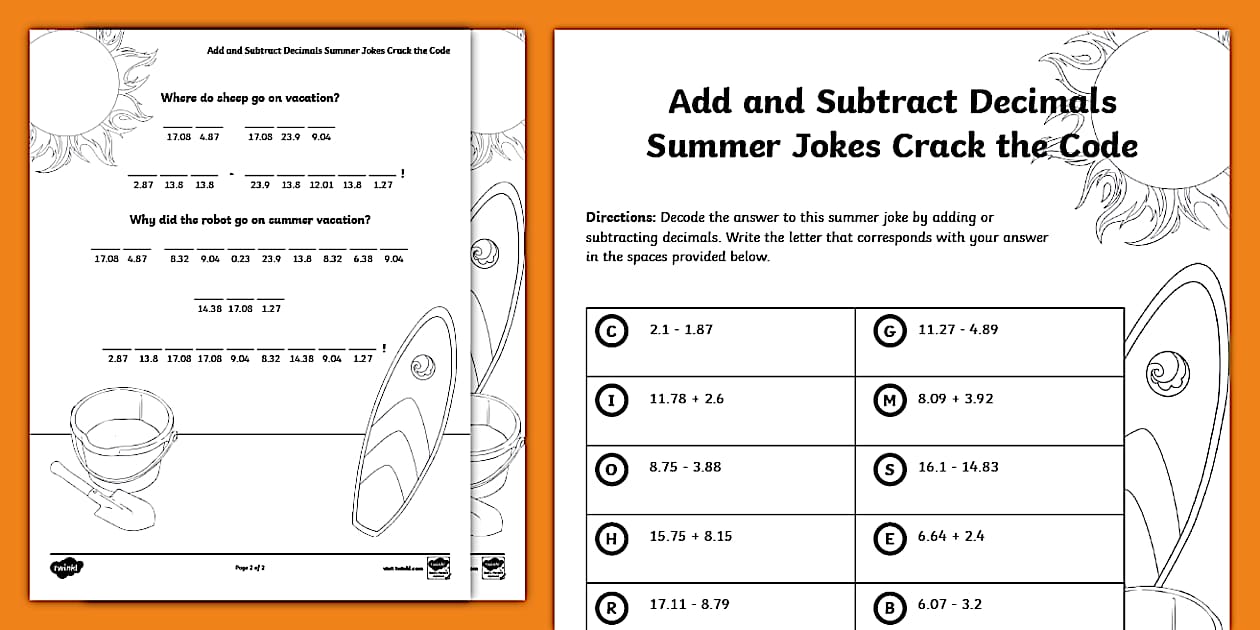 Sixth Grade Add and Subtract Decimals Summer Jokes Crack the Code Worksheet