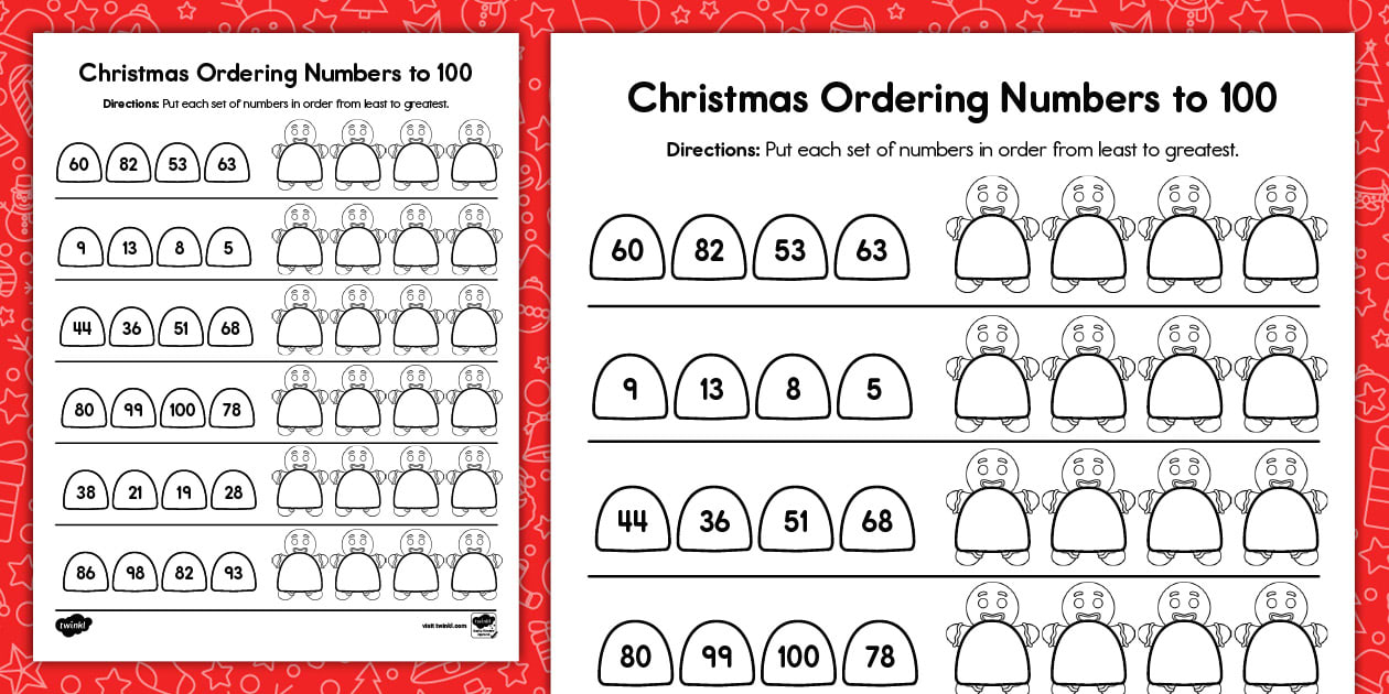 First Grade Christmas Ordering Numbers to 100 Worksheet