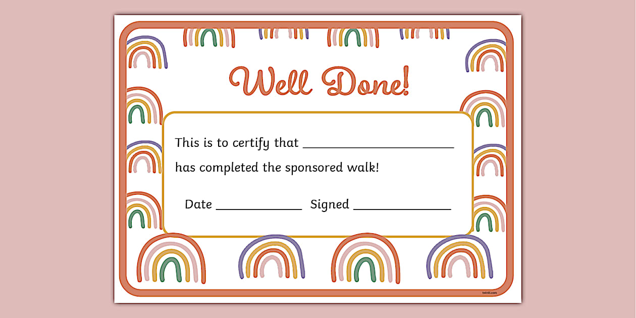 Muted Rainbow Themed Sponsored Walk Certificate - Twinkl