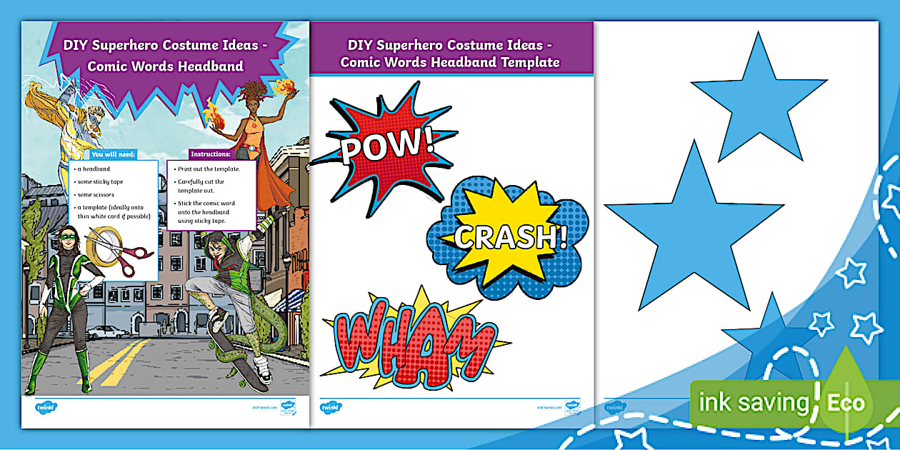 DIY Superhero Costume Ideas: Comic Words Headband - Twinkl