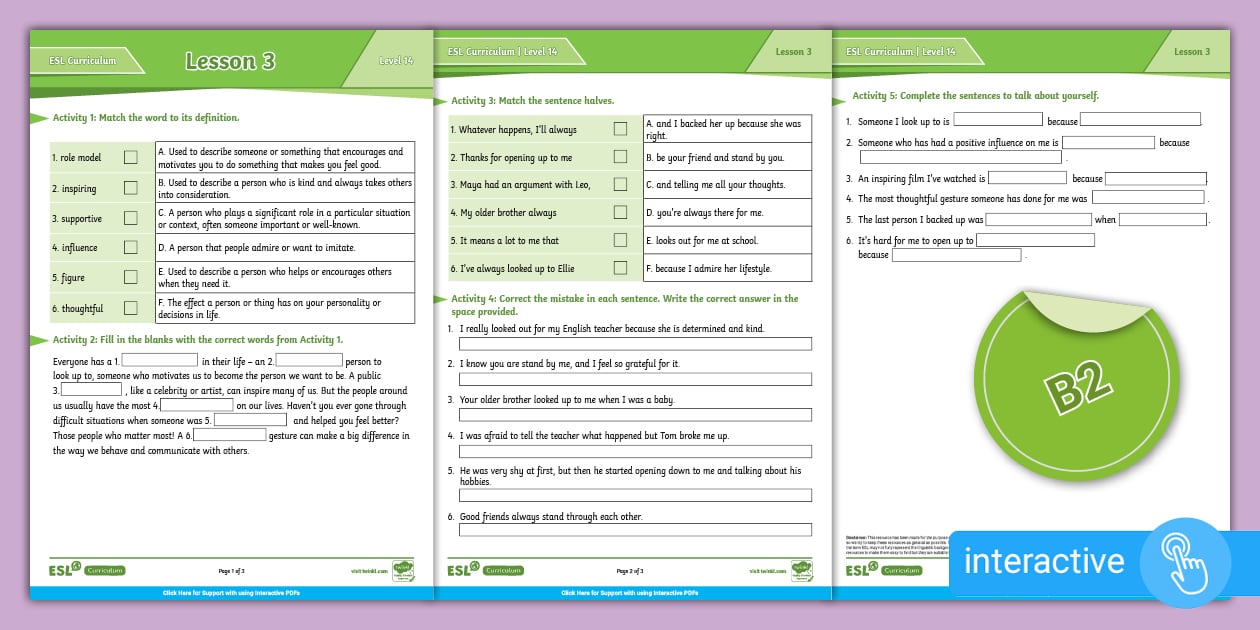 ESL Curriculum Level 14 Lesson 3 Interactive Activity Sheet
