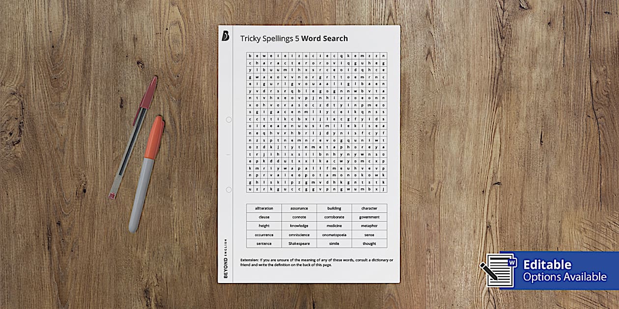 Tricky Spellings 5 Word Search (teacher made) - Twinkl