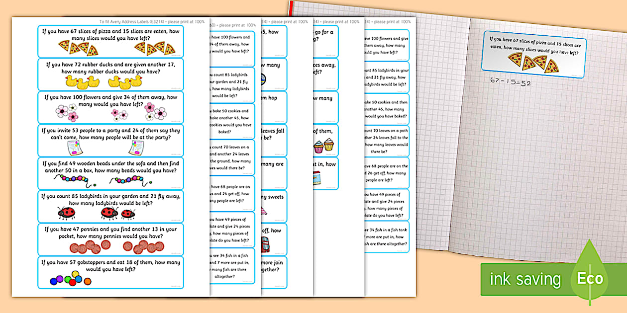 Addition and Subtraction to 100: Word Problem Labels