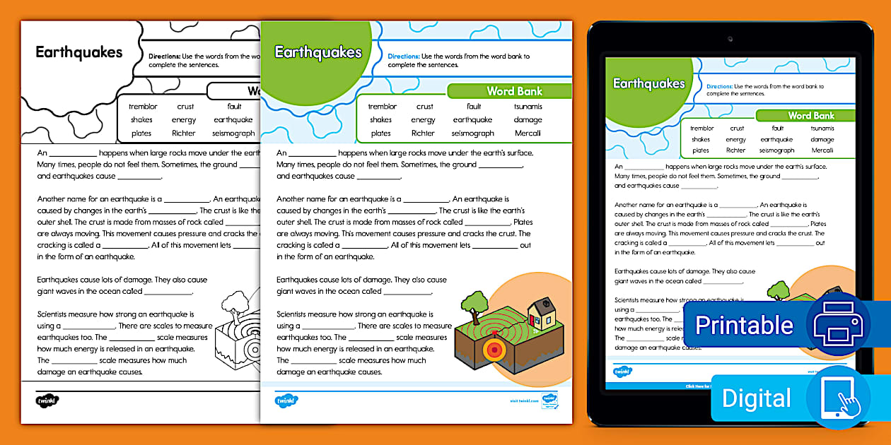 Earthquake Cloze Reading Worksheet for 2nd-3rd Grade