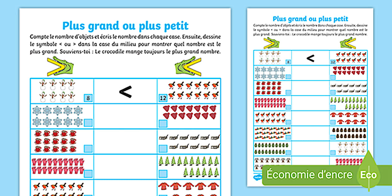 Fiche d'activités : Plus grand ou plus petit jusqu'à 20