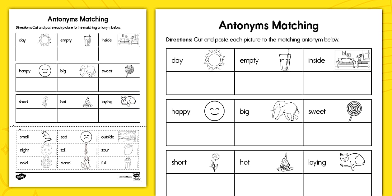 Kindergarten Antonyms Matching Cut and Paste Worksheet