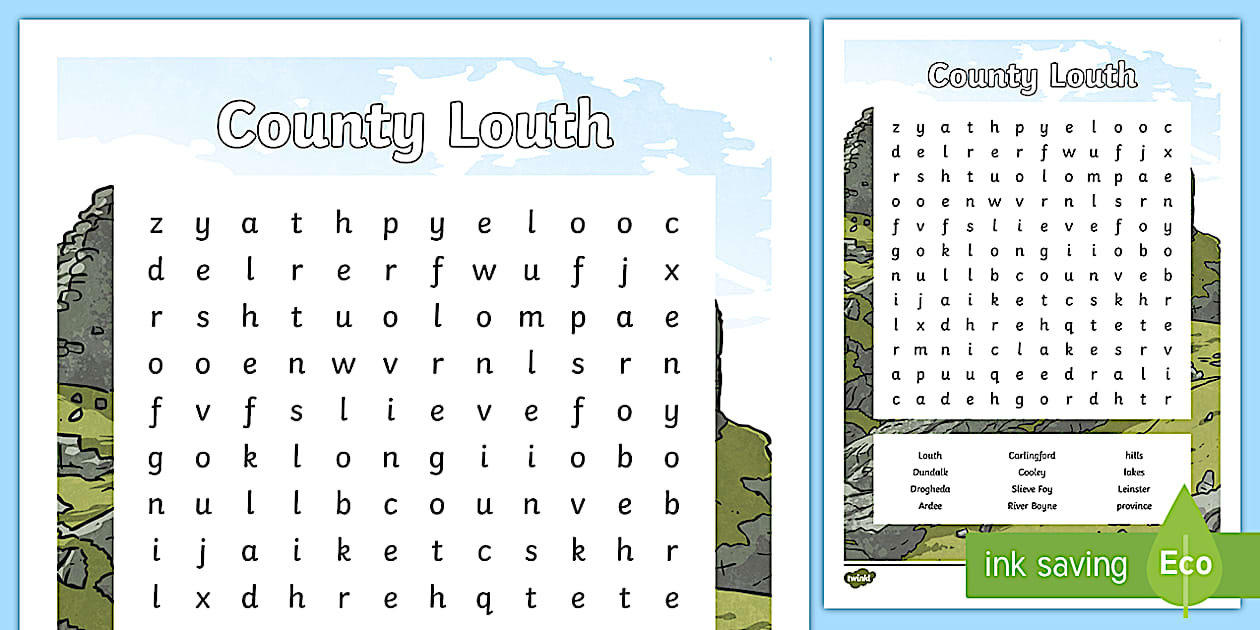Black and White County Louth Word Search - Twinkl