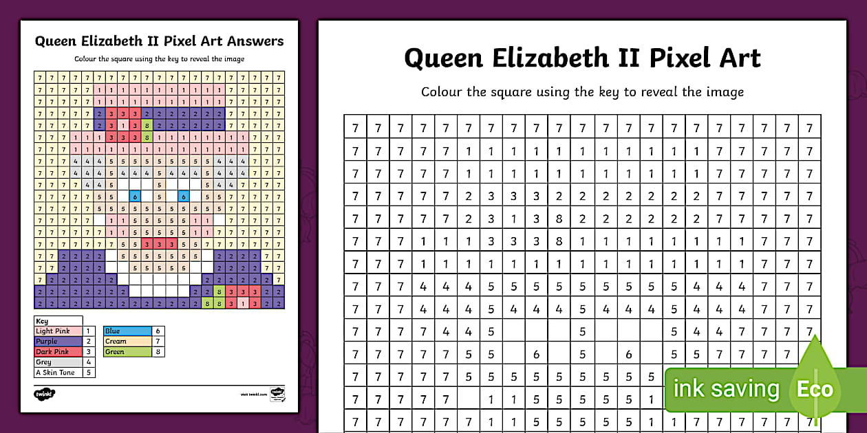 Queen Elizabeth II Colouring Pixel Art Worksheet - Twinkl