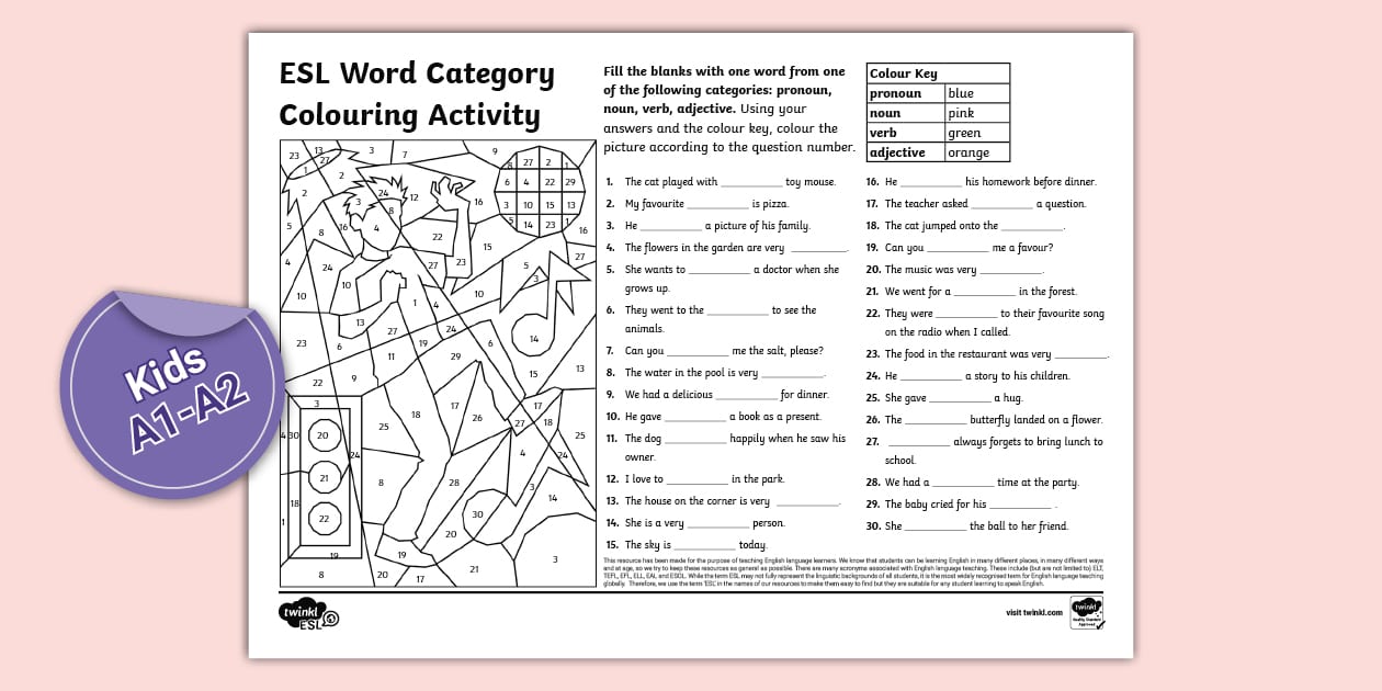 ESL Word Classes Colouring Activity Sheet [Kids, A1-A2]
