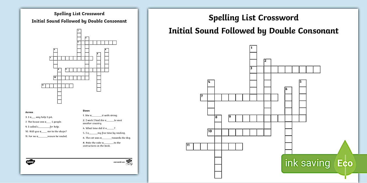 Editable Year 5-6 Spelling List Crossword Initial Sound Followed by Double