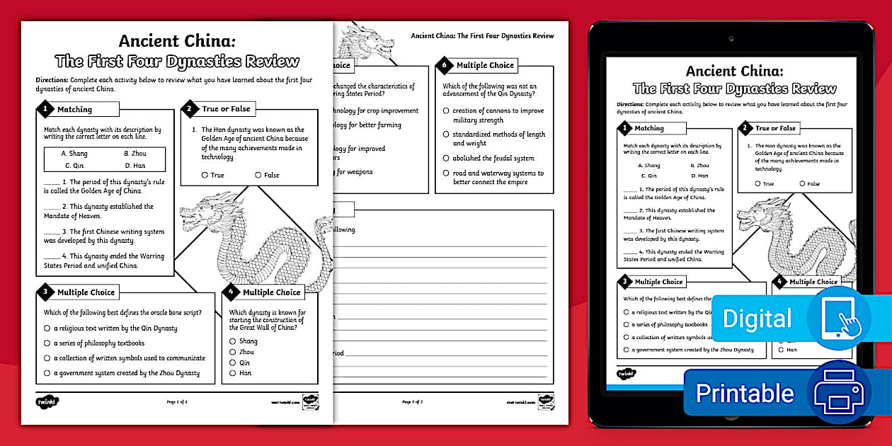 Ancient China: The First Four Dynasties Review Worksheet for 6th-8th Grade