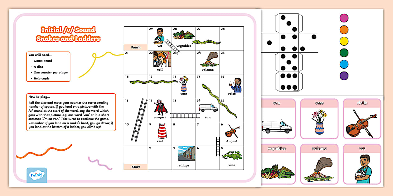 Initial /v/ Sound Snakes and Ladders (teacher made) - Twinkl