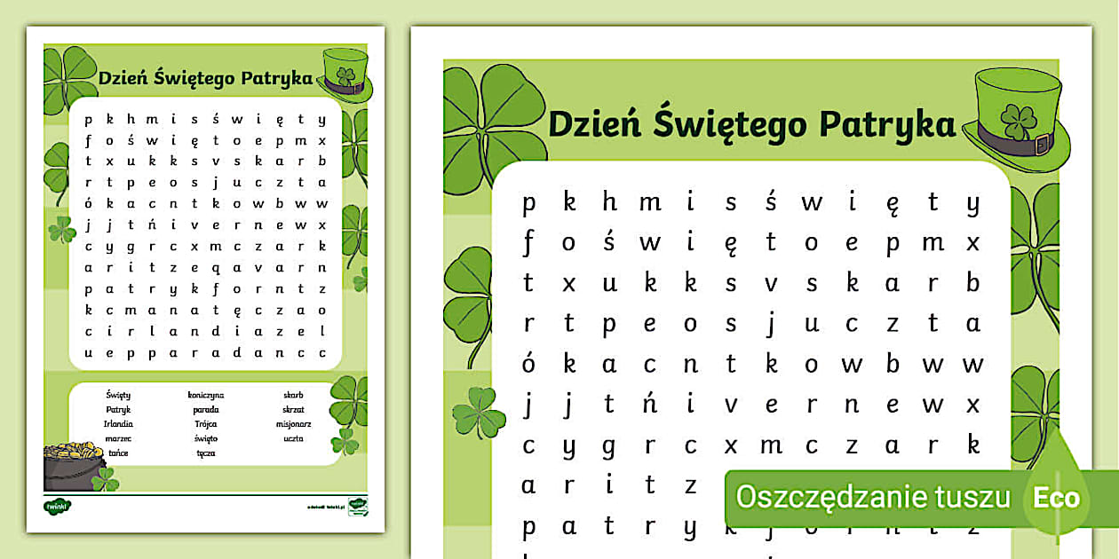 Dzień Świętego Patryka | Wykreślanka na Świętego Patryka