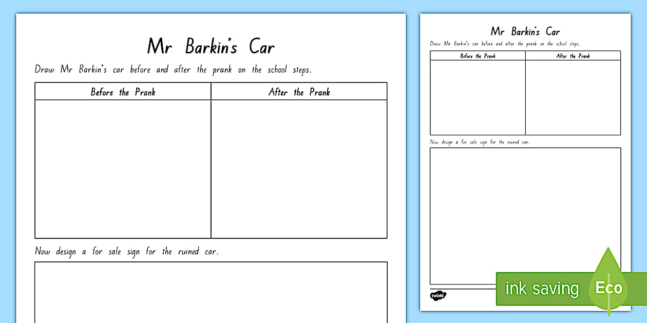 Term 1 Year 3 and 4 Chapter Chat Week 1 Mr Barkin's Car Worksheet to ...