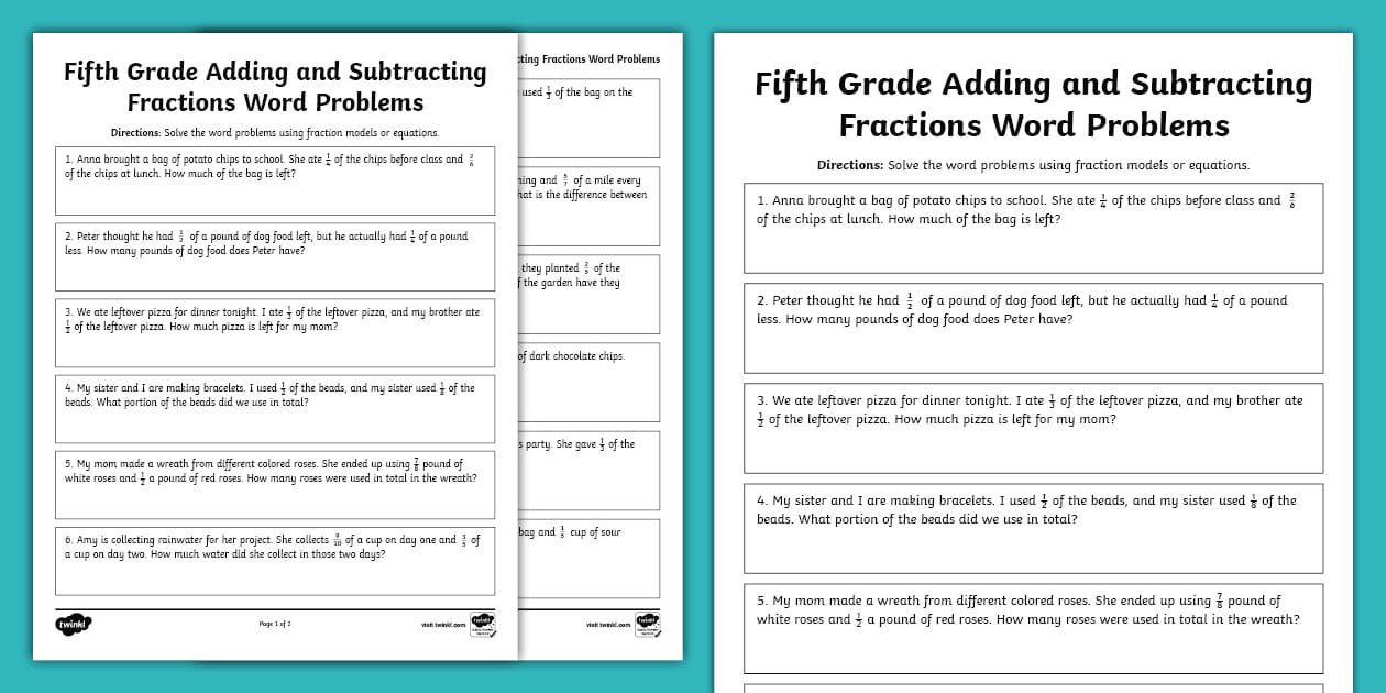Adding and Subtracting Fractions Word Problems Worksheet