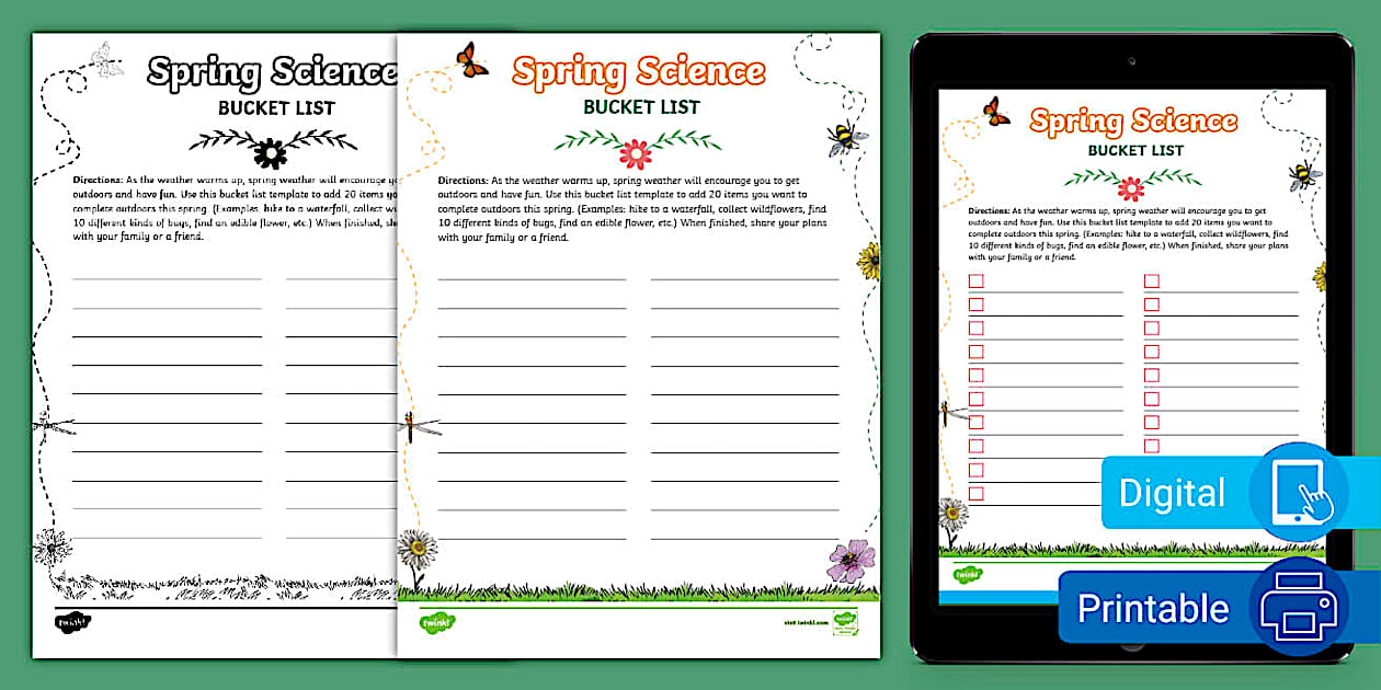 Spring Science Bucket List Worksheet for 6th-8th Grade