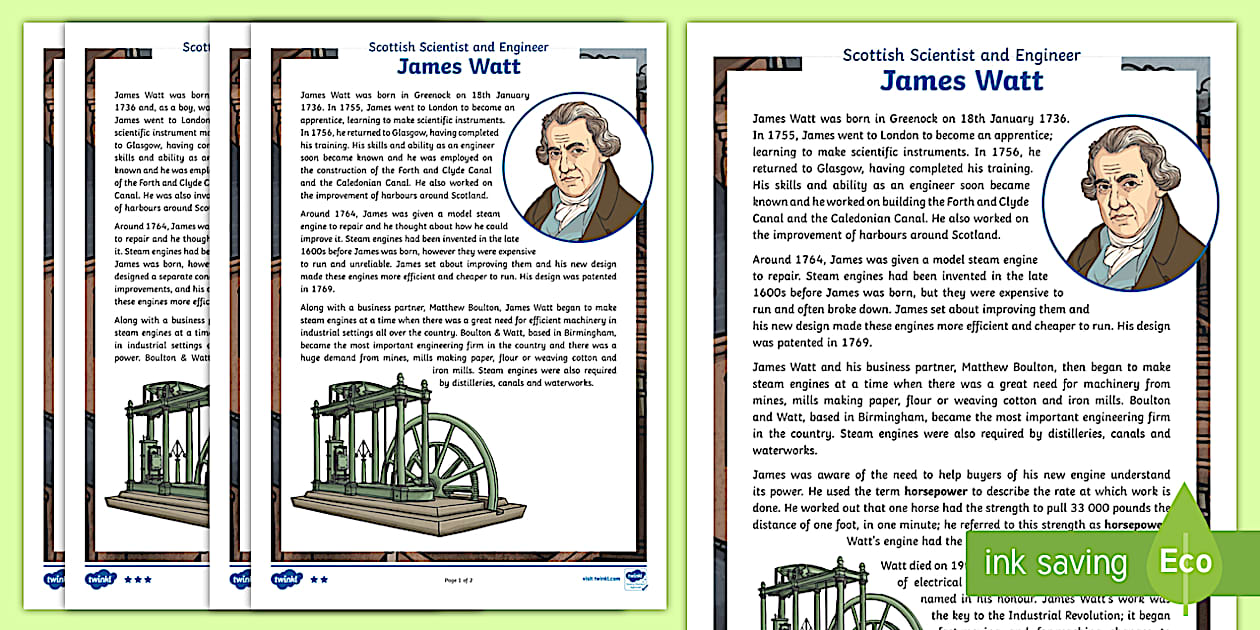 Scottish Scientist and Engineer James Watt Differentiated Fact File